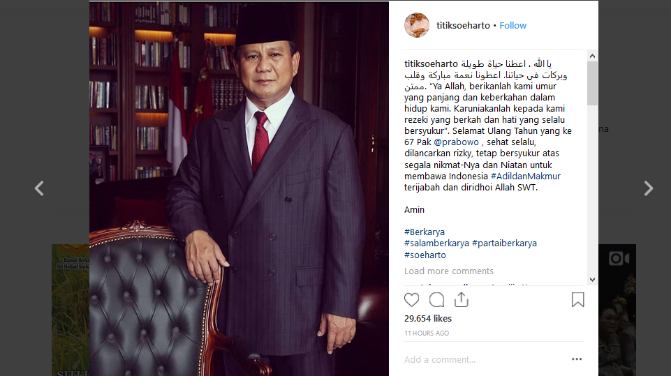 Doa Titiek Soeharto di Ulang Tahun Sang Mantan, Prabowo Subianto